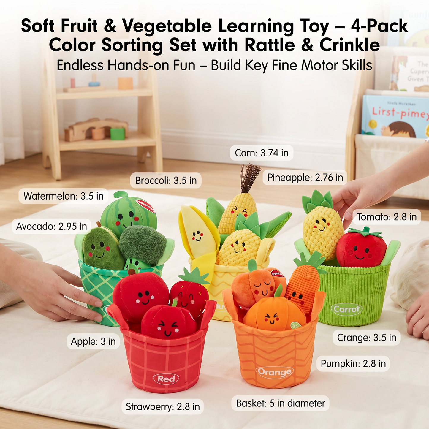 Soft Fruit & Vegetable Learning Toy for Babies – 4-Pack Color Sorting ...
