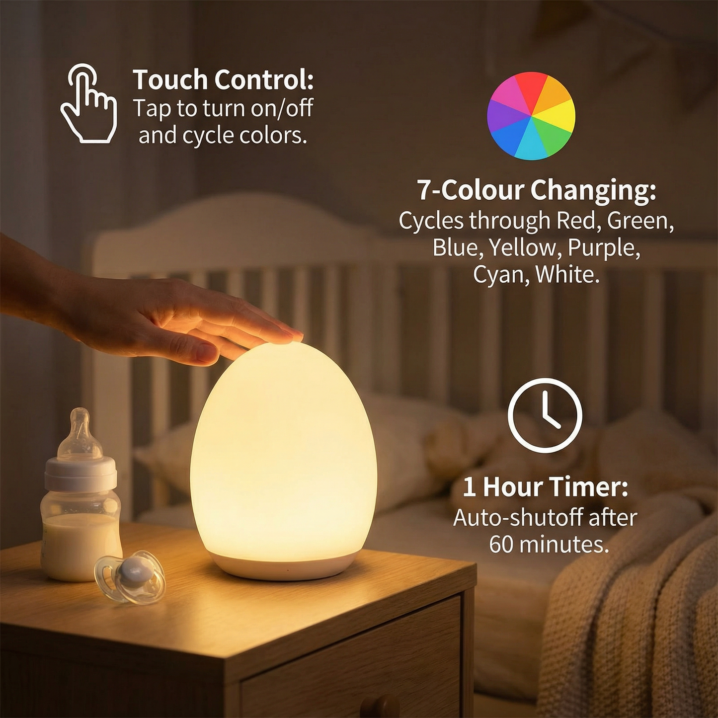 Egg-Shaped Silicone Night Light – Touch Control, 7-Colour Changing – tiny-dreams.uk